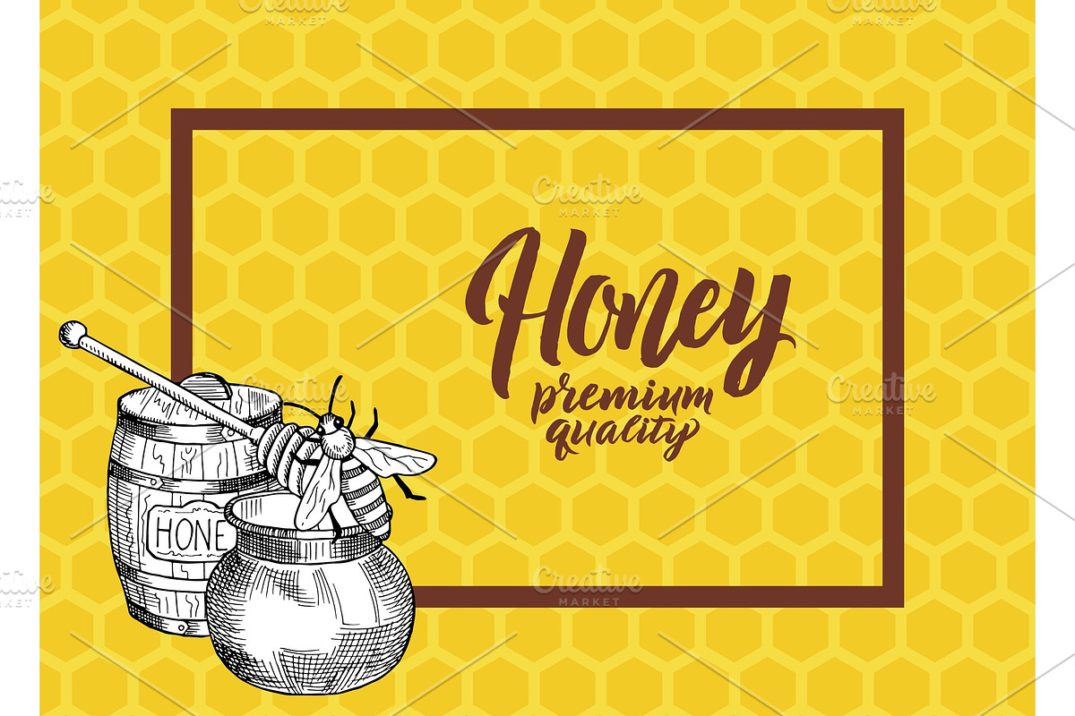 Vector background with sketched honey elements with place for text, a ...