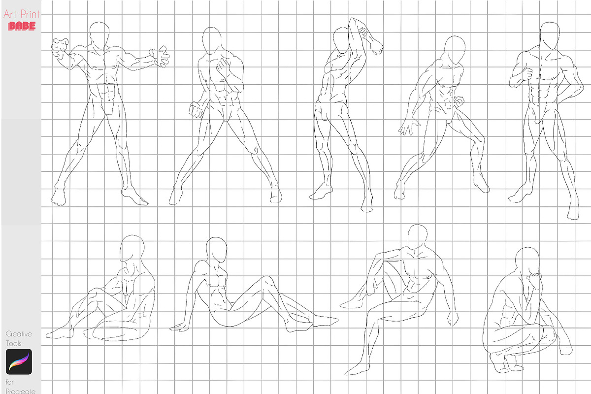 Procreate Man Poses Male Body Guides, a Brush Add-On by ArtPrintBabe
