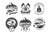 Vintage vector labels set with camper near mountain, tent and firtrees ...