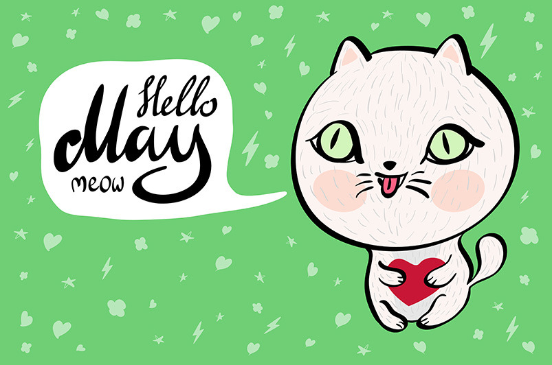 Cartoon cat with Hello May meow | Graphics ~ Creative Market