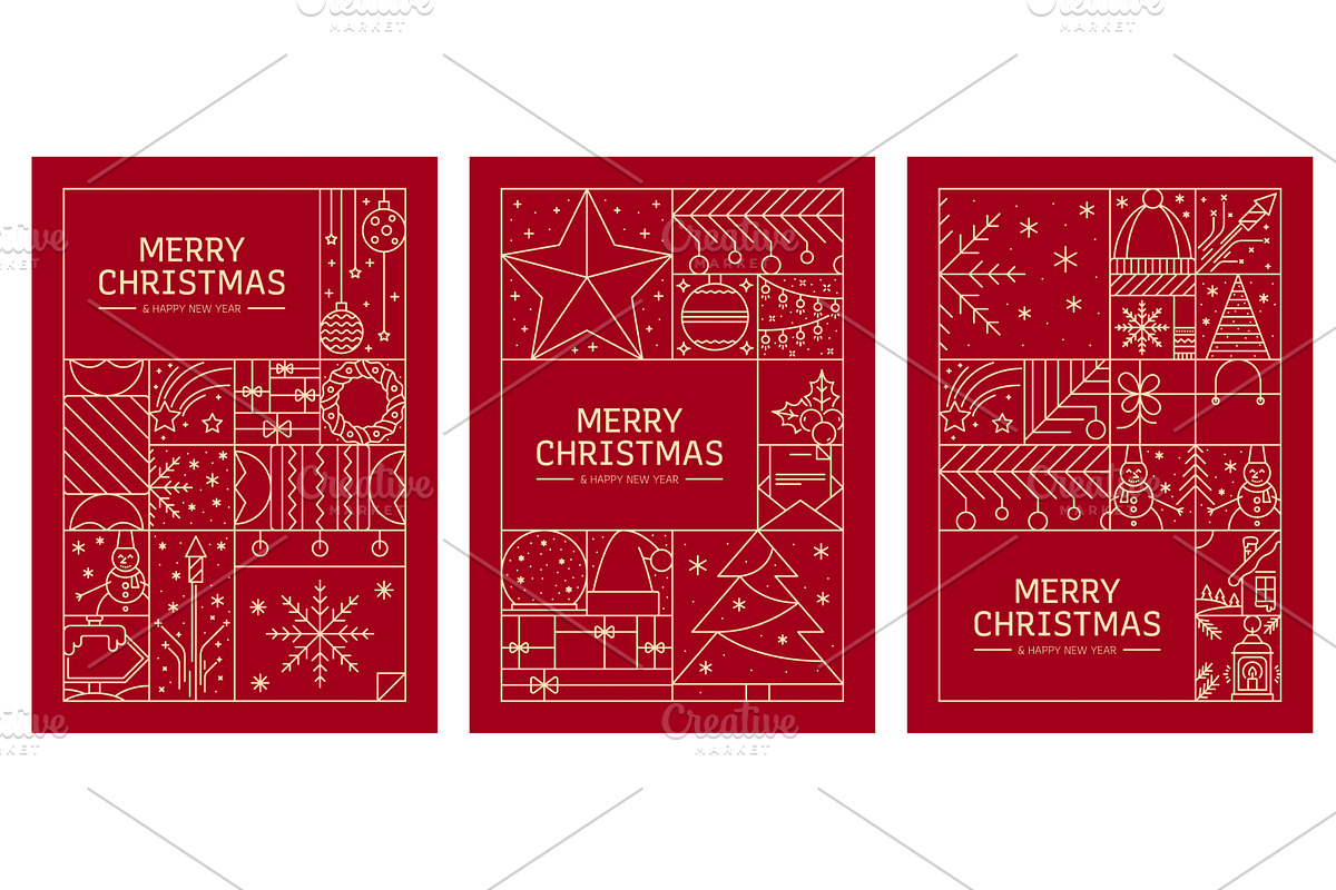 Merry Christmas line posters, a Seasonal Illustration by Vector Tradition