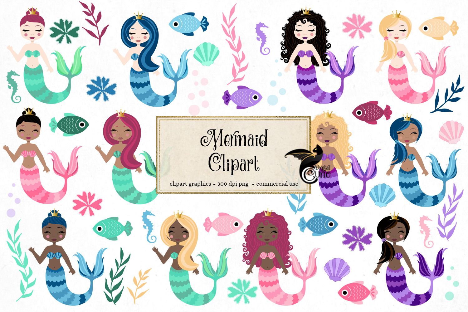Mermaid Clipart, an Illustration by Digital Curio
