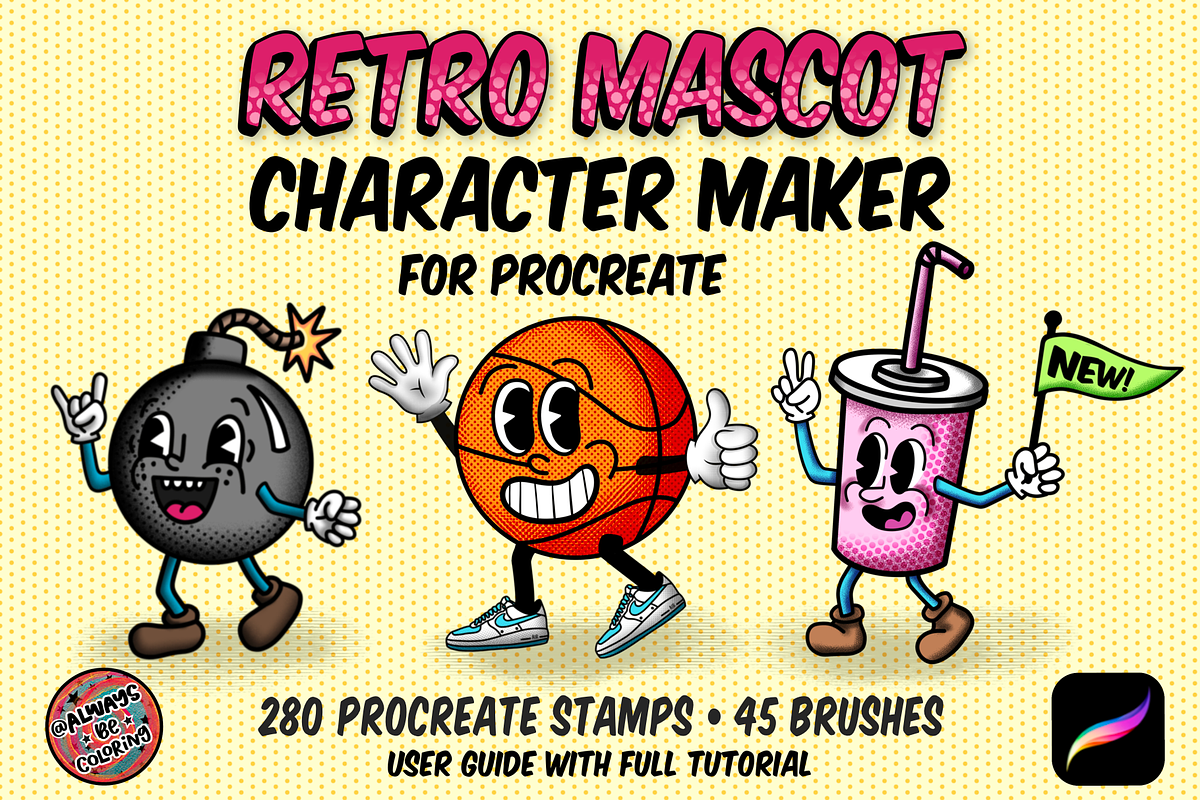 Procreate Retro Mascot Character Kit, a Brush Add-On by AlwaysBeColoring