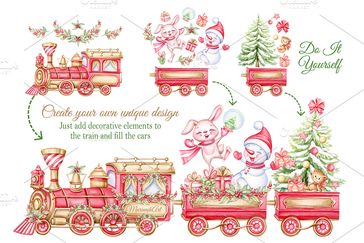 Christmas train watercolor clipart