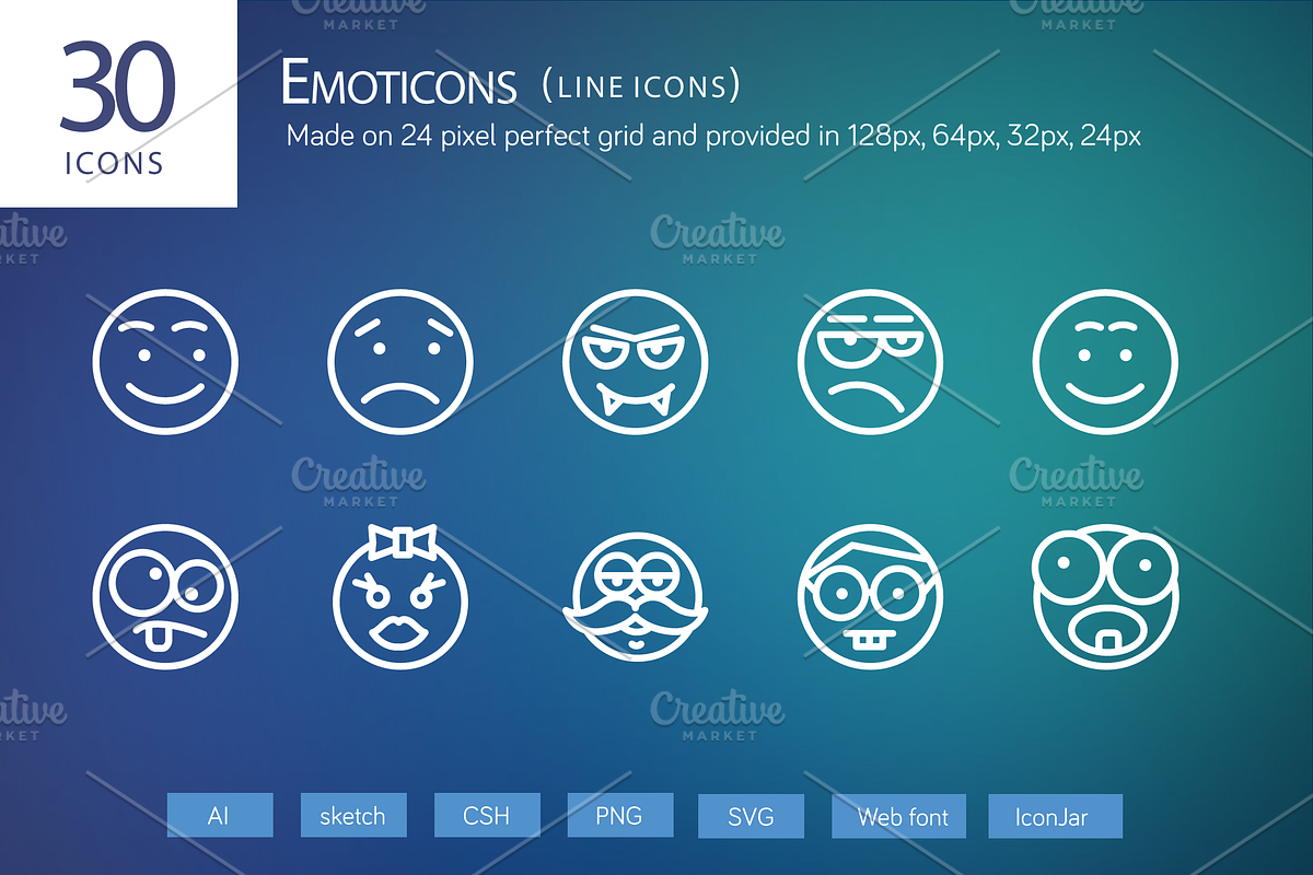 30 Emoticons Line Icons, an Outline Icon by Vectopus.com