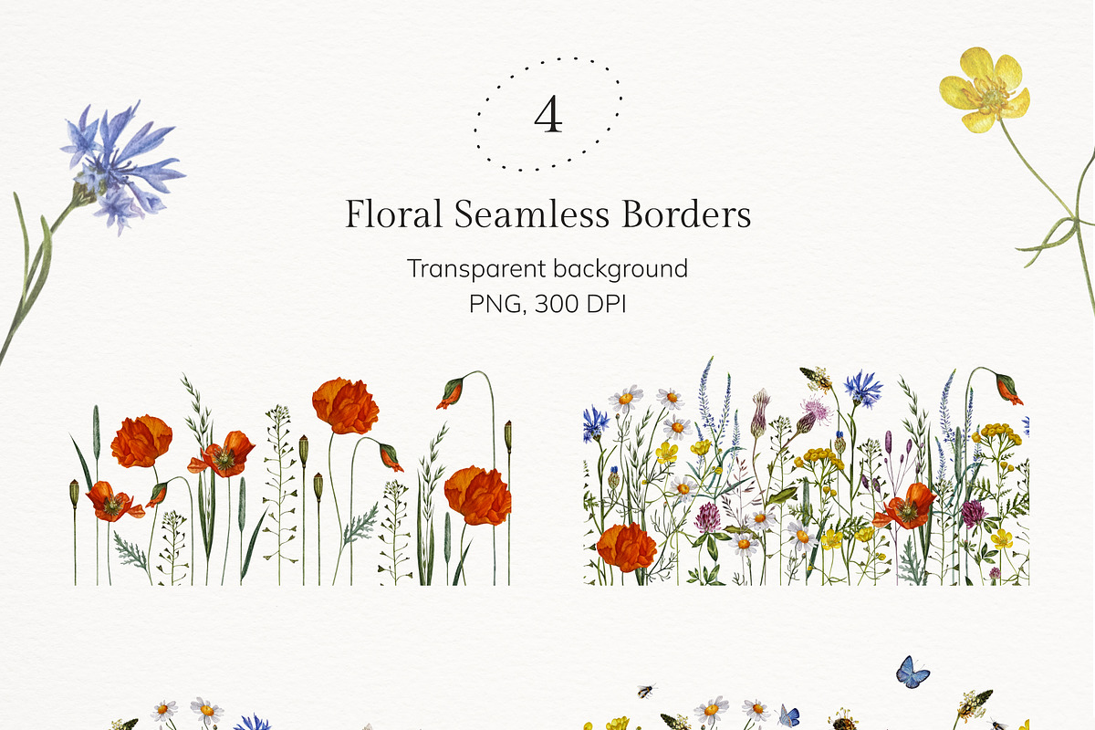 Watercolor meadow wildflowers set