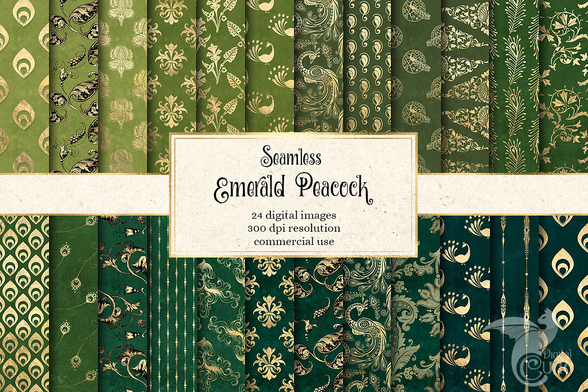 Emerald Peacock Digital Paper, a Pattern Graphic by Digital Curio