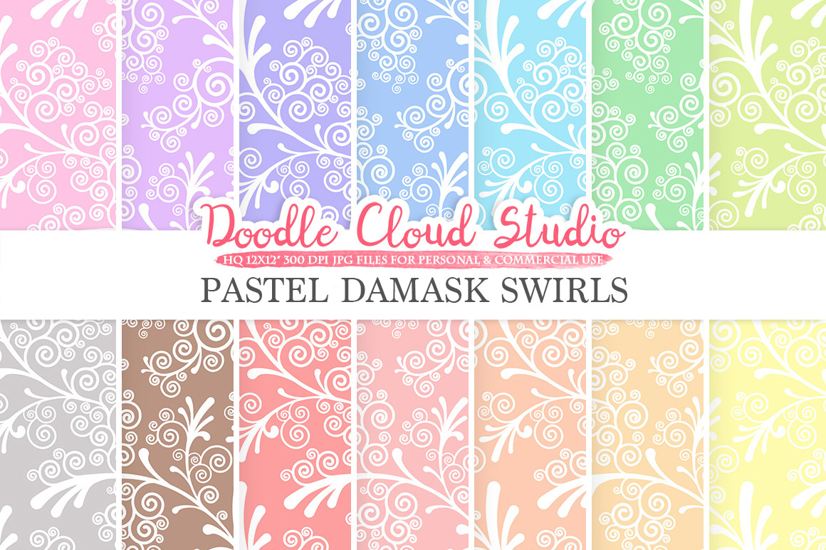 Pastel Damask Swirls digital paper, a Pattern Graphic by Doodle Cloud ...
