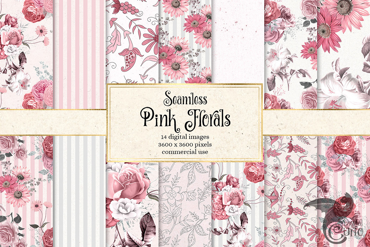 Pink Floral Digital Paper, a Pattern Graphic by Digital Curio