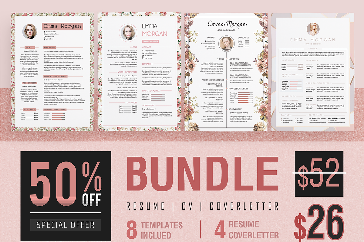 Pink Floral Resume BUNDLE Template M, a Resume Template by Showy68 Template