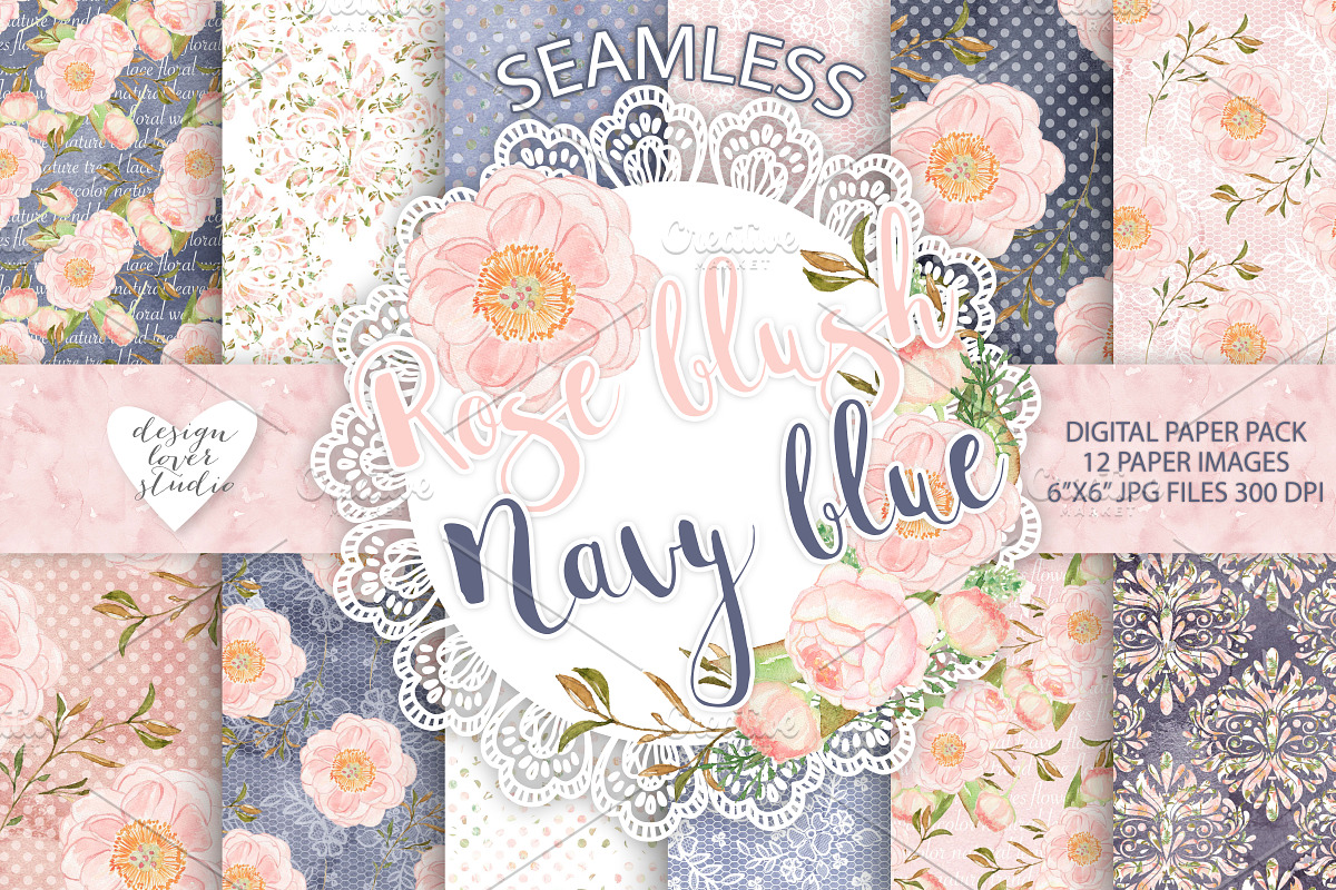 Rose blush Navy blue digital paper, a Pattern Graphic by designloverstudio