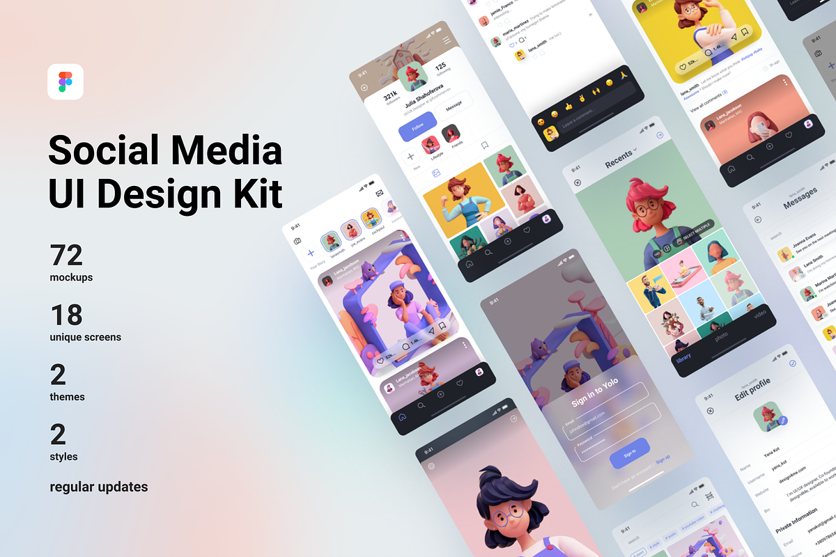 Social Media UI Kit (for Figma), an UI Kit Template by Julia Shagofferova