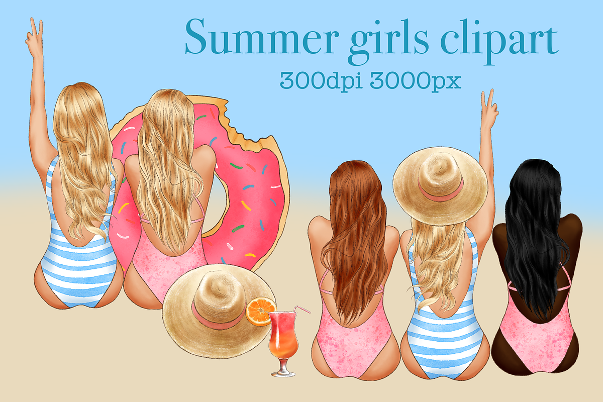 Girls on the Beach Clipart Summer Sea