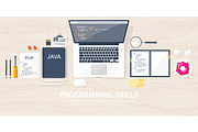 Programming,coding. Flat computing background. Code, hardware,software ...