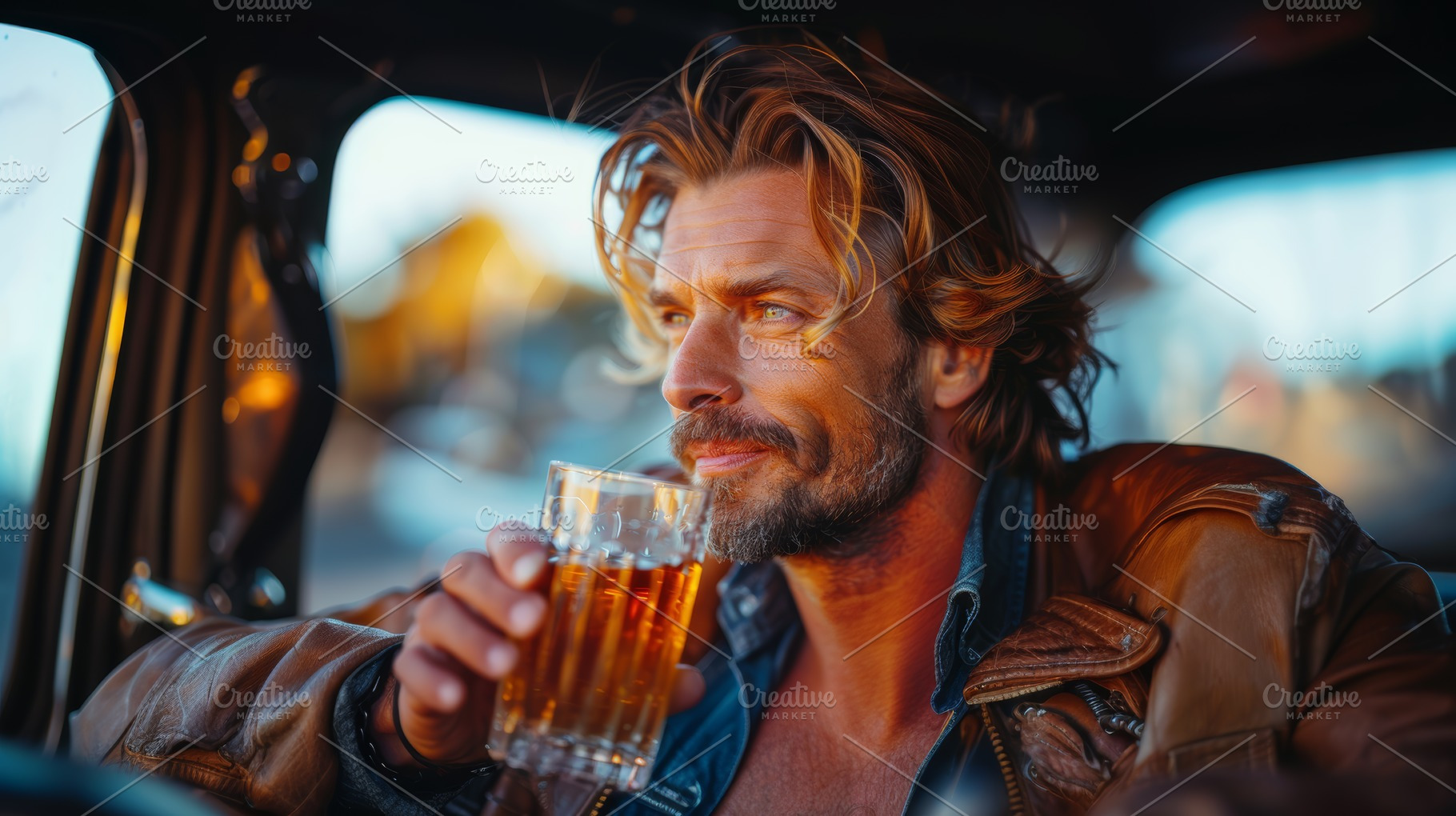 Man drinking alcohol while sitting in a car with thoughtful expression ...