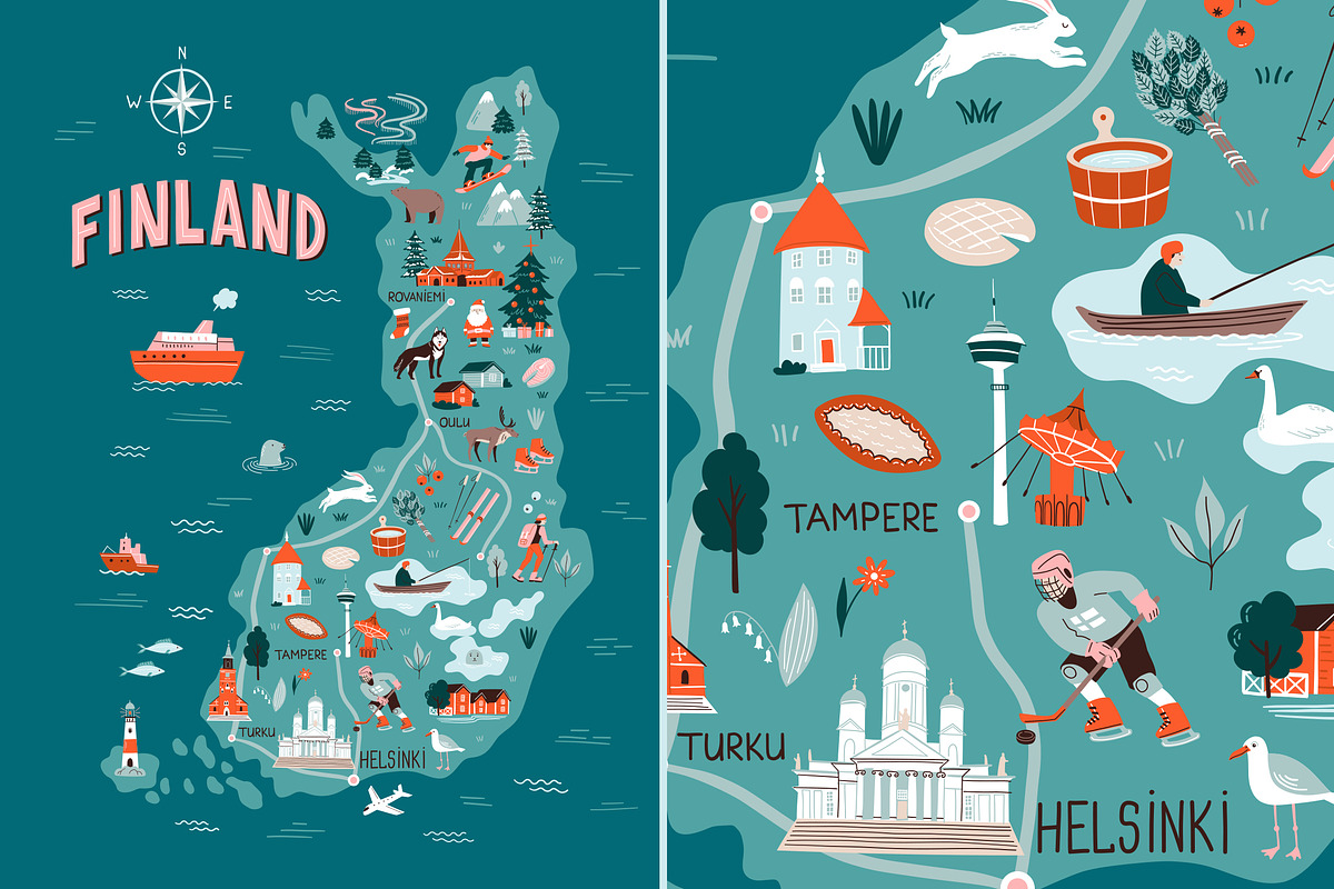 Explore Suomi. Map of Finland, an Object Illustration by helenreveur