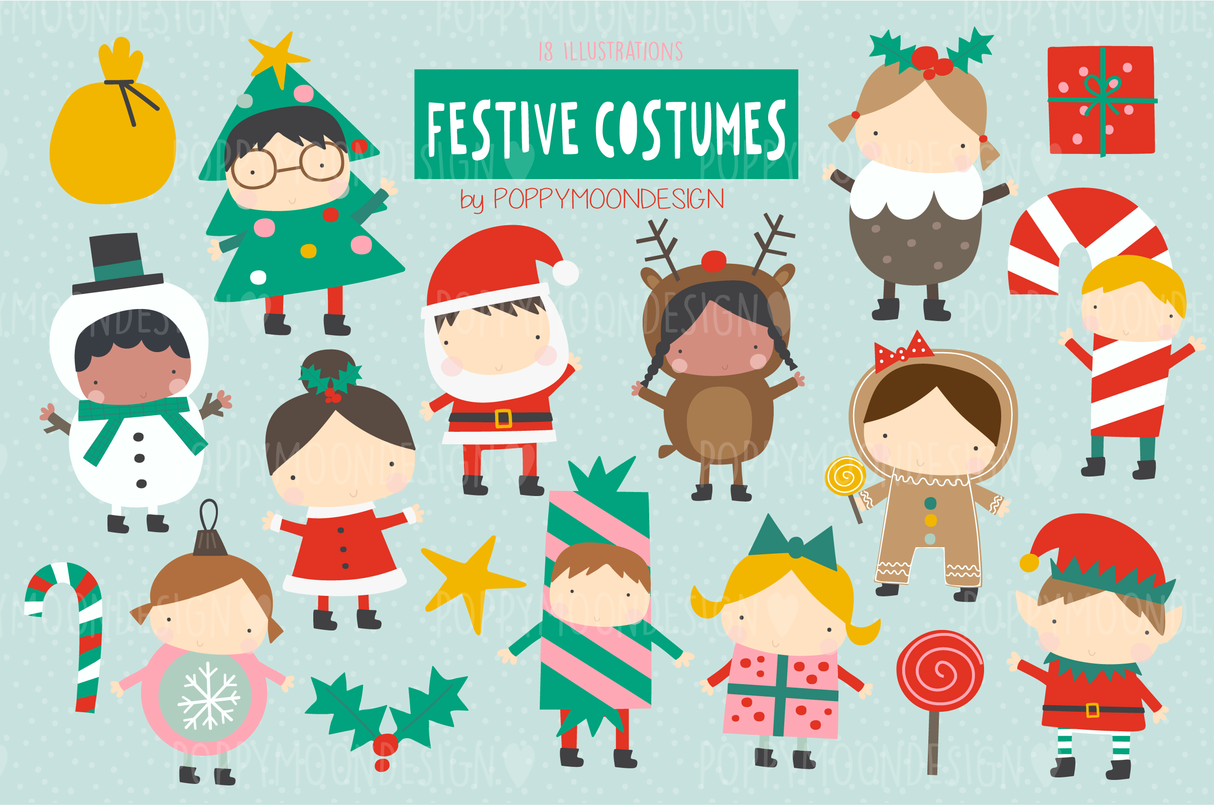 Festive Costumes clipart set, an Illustration by Poppymoondesign
