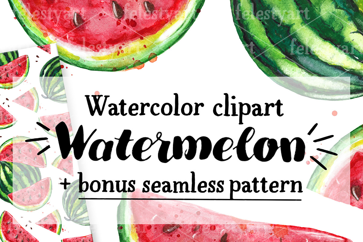 Watermelon watercolor clipart, a Food Illustration by Felesty
