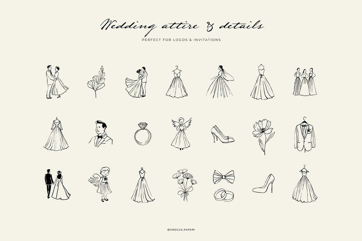 WEDDING line art illustrations, a Decorative Illustration by Crocus Paperi