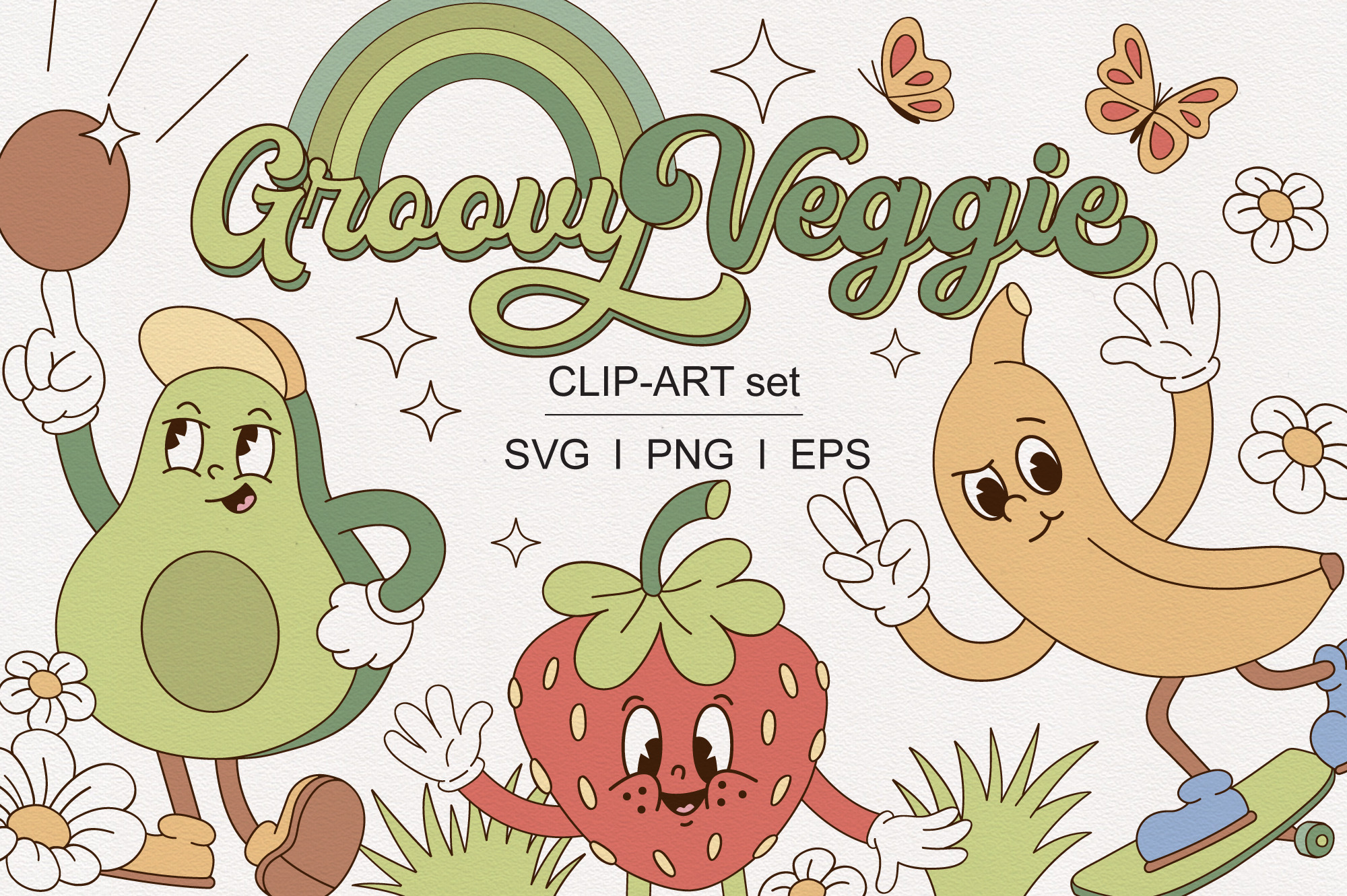 Groovy Retro Veggie Fruit clipart, an Object Graphic by @olga.angelloz