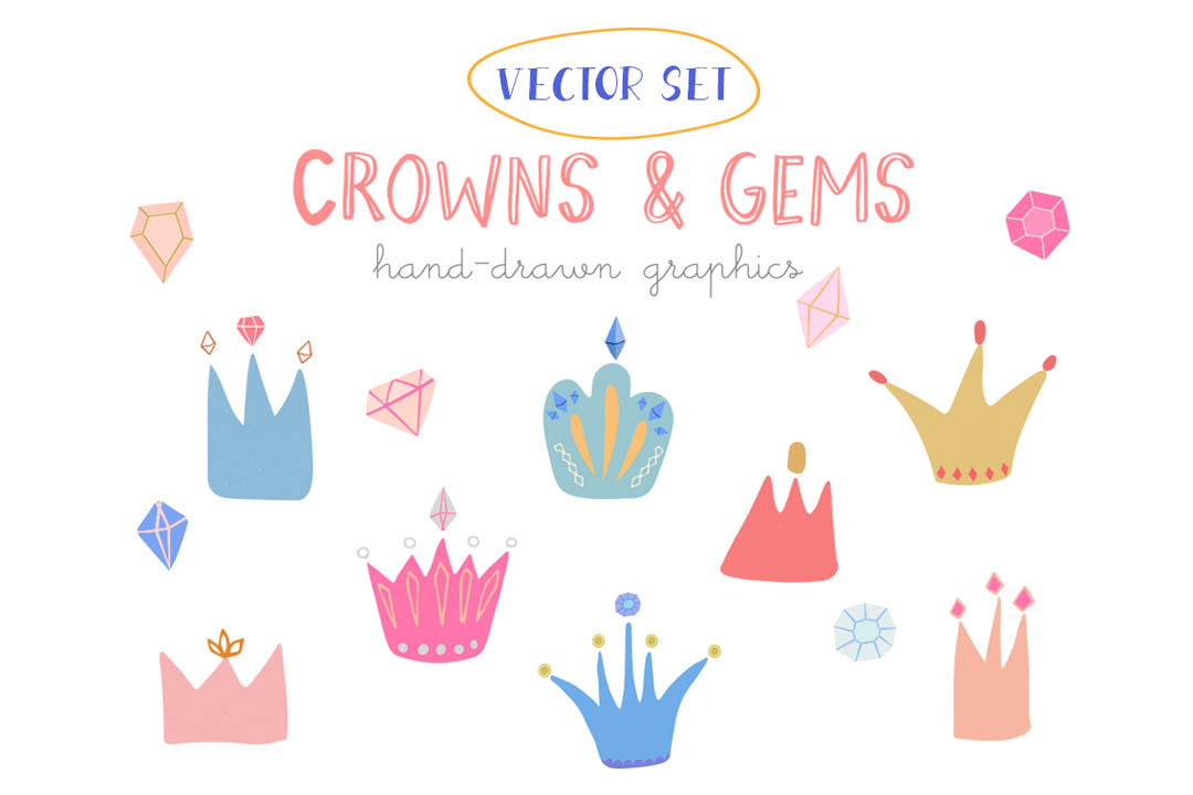 Vector hand drawn crowns and gems, an Illustration by Katie Lisker