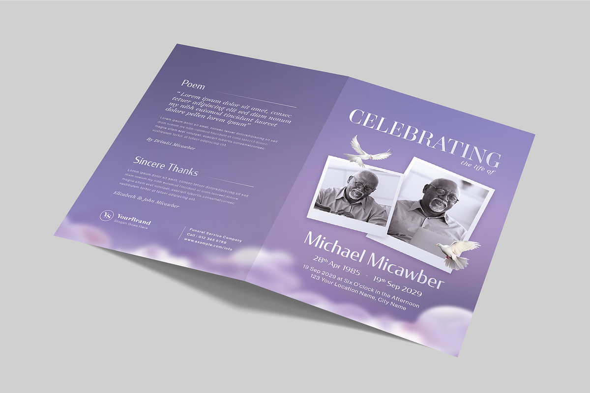 Purple Funeral Program Template, a Flyer Template by BrandPacks
