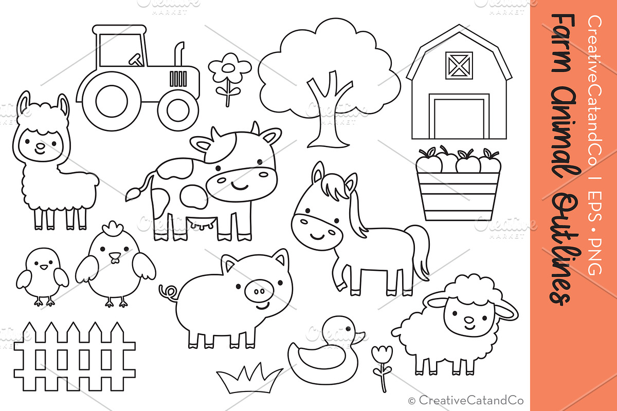 Farm Animal Outlines Vector EPS, an Animal Illustration by CreativeCatandCo
