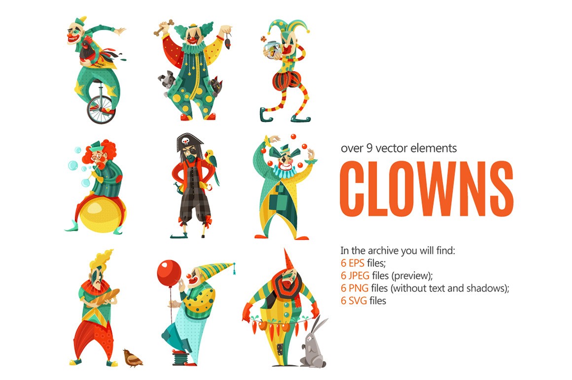 Clowns Cartoon Set, an Illustration by Macrovector