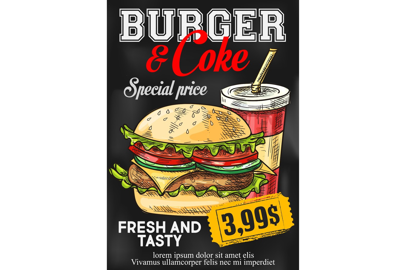 Fast food vector price card burger and coke menu, a Food Illustration ...