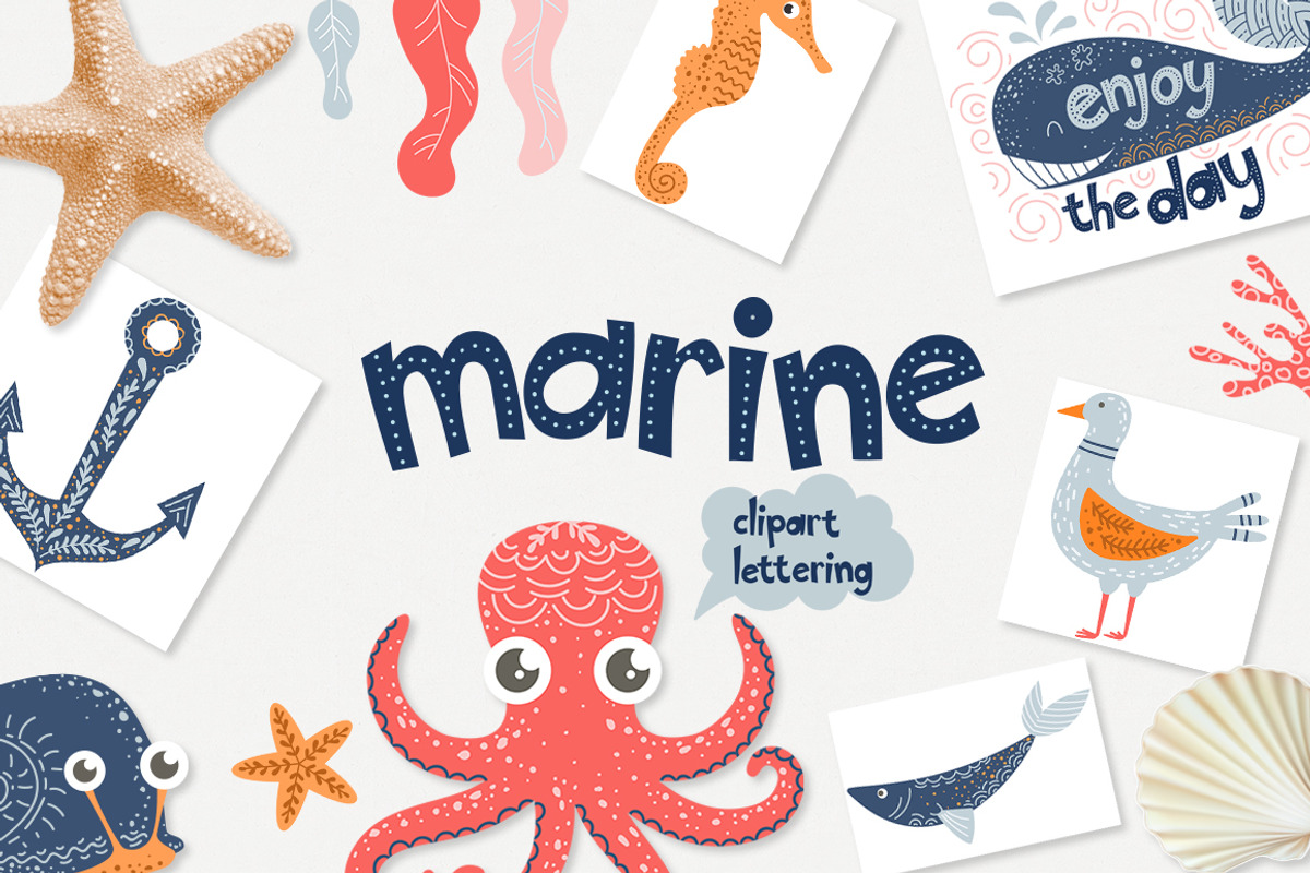 Marine - clipart & lettering, an Animal Illustration by DruZhi Art