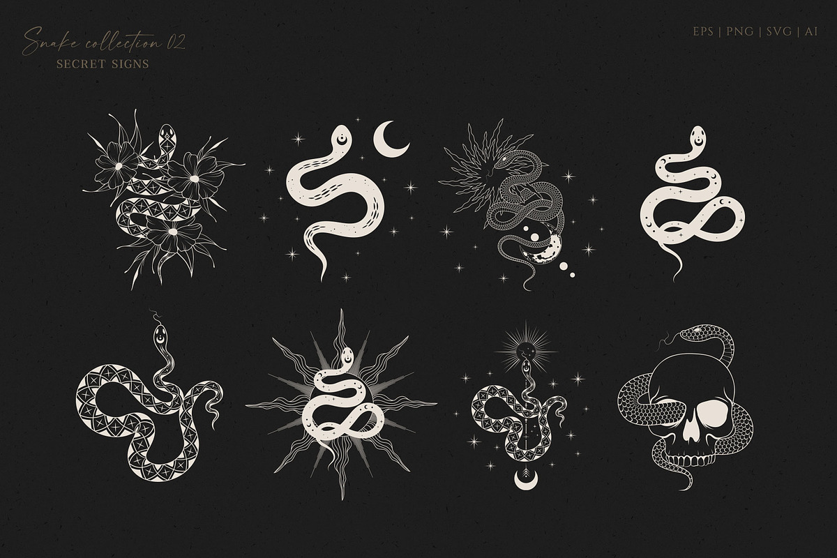Hand Drawn Celestial Snakes & Sculls | Creative Market
