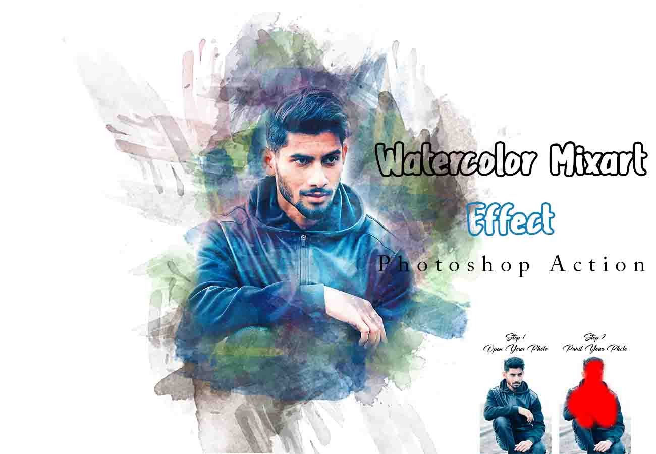 Watercolor Mixart Effect Ps Action, a Brushes & More by Studio Retouch