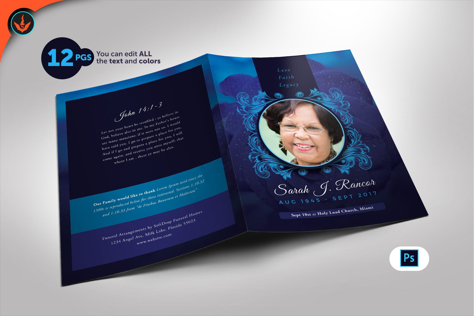 Funeral Program 10 Blue Rose Vintage, a Brochure Template by SeraphimChris