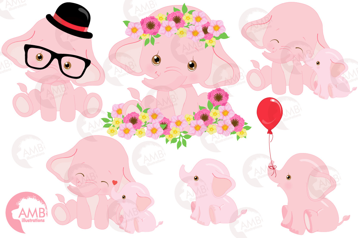 Pink baby elephant Bundle AMB-2276, an Animal Illustration by ...