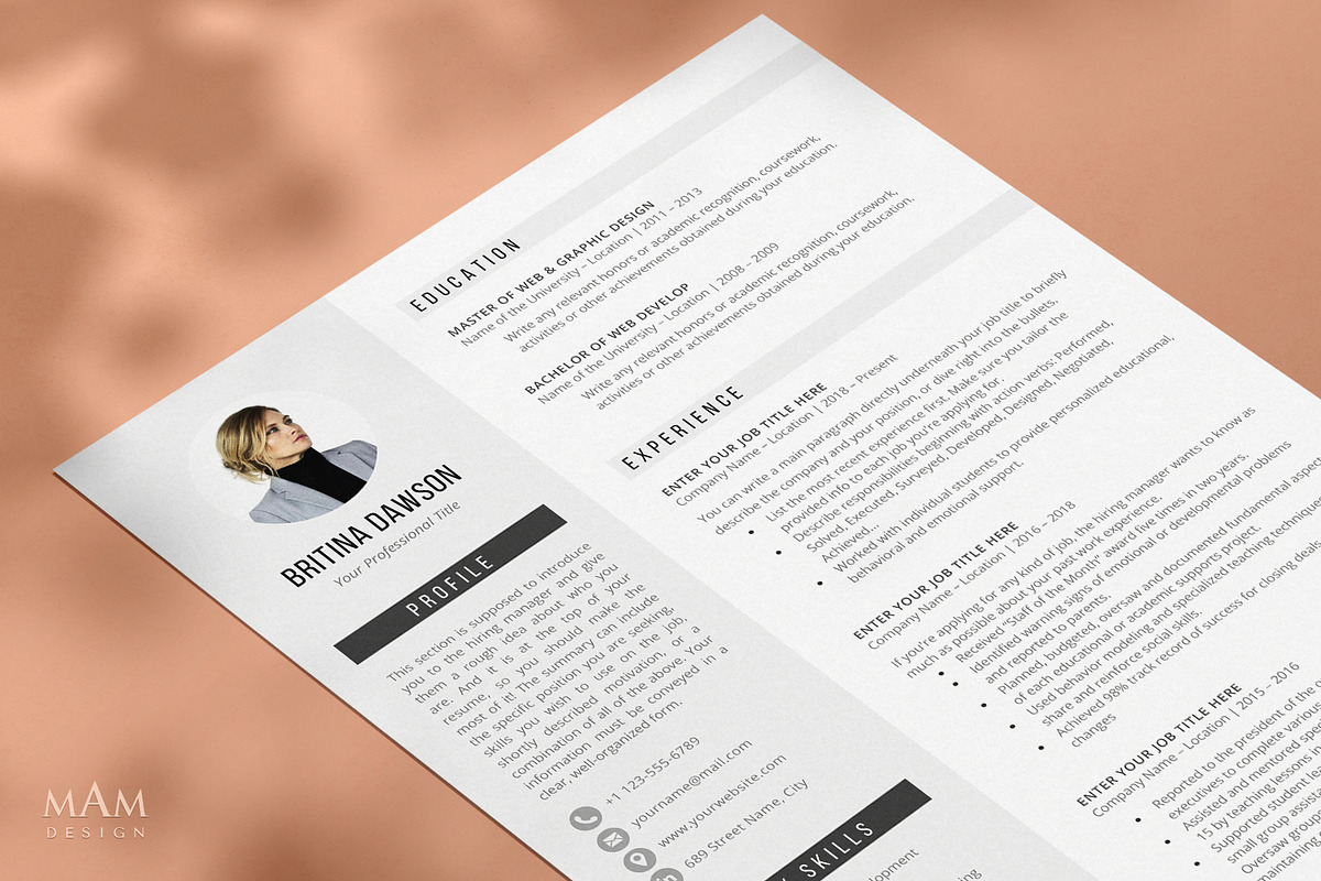 Modern Resume CV Template with photo, a Resume Template by MAM Design