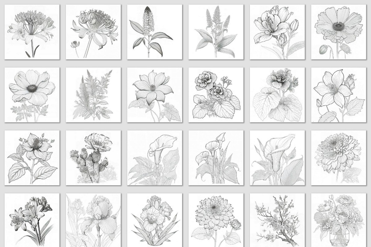 100 Beautiful Flower Coloring Pages, a Decorative Illustration by Blue ...