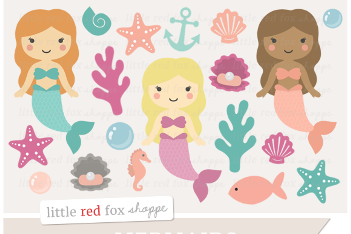 Mermaid Digital Clipart Graphics, an Illustration by Little Red Fox Shoppe