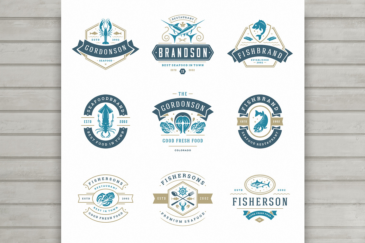 18 Seafood Logos & Badges, a Branding & Logo Template by Vasya Kobelev