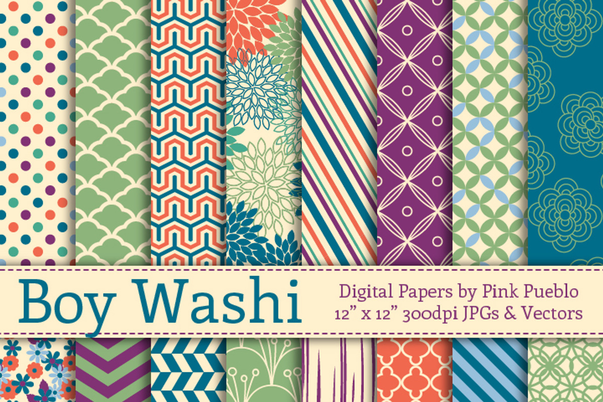 Boy Washi Digital Papers, a Pattern Graphic by PinkPueblo