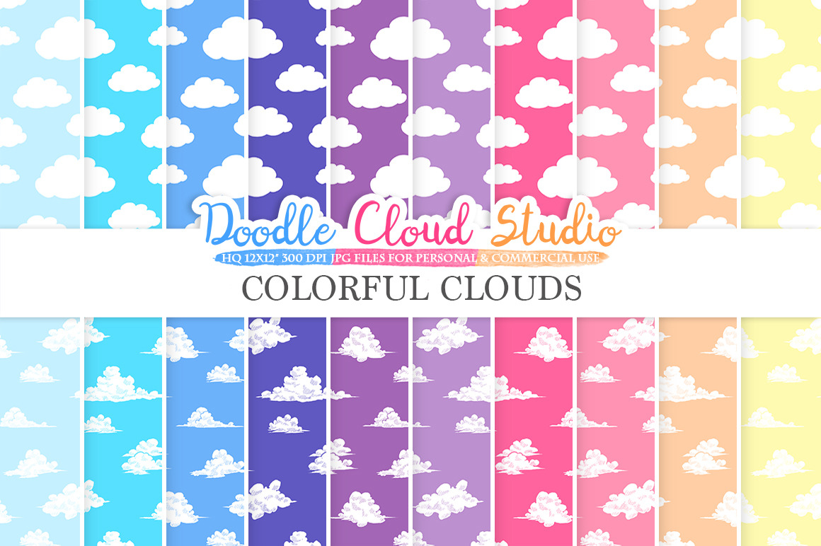 Colorful Clouds digital paper, a Pattern Graphic by Doodle Cloud Studio
