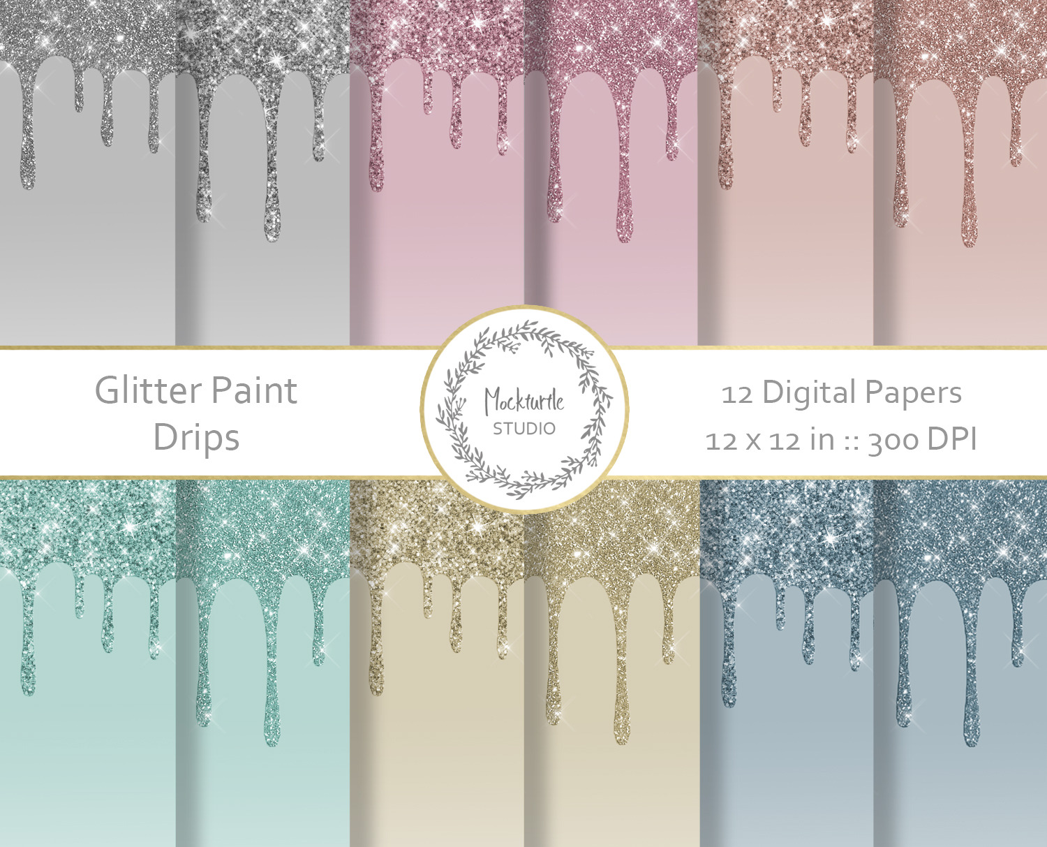 Glitter Paint Drips digital paper, a Texture Graphic by MockTurtleStudio