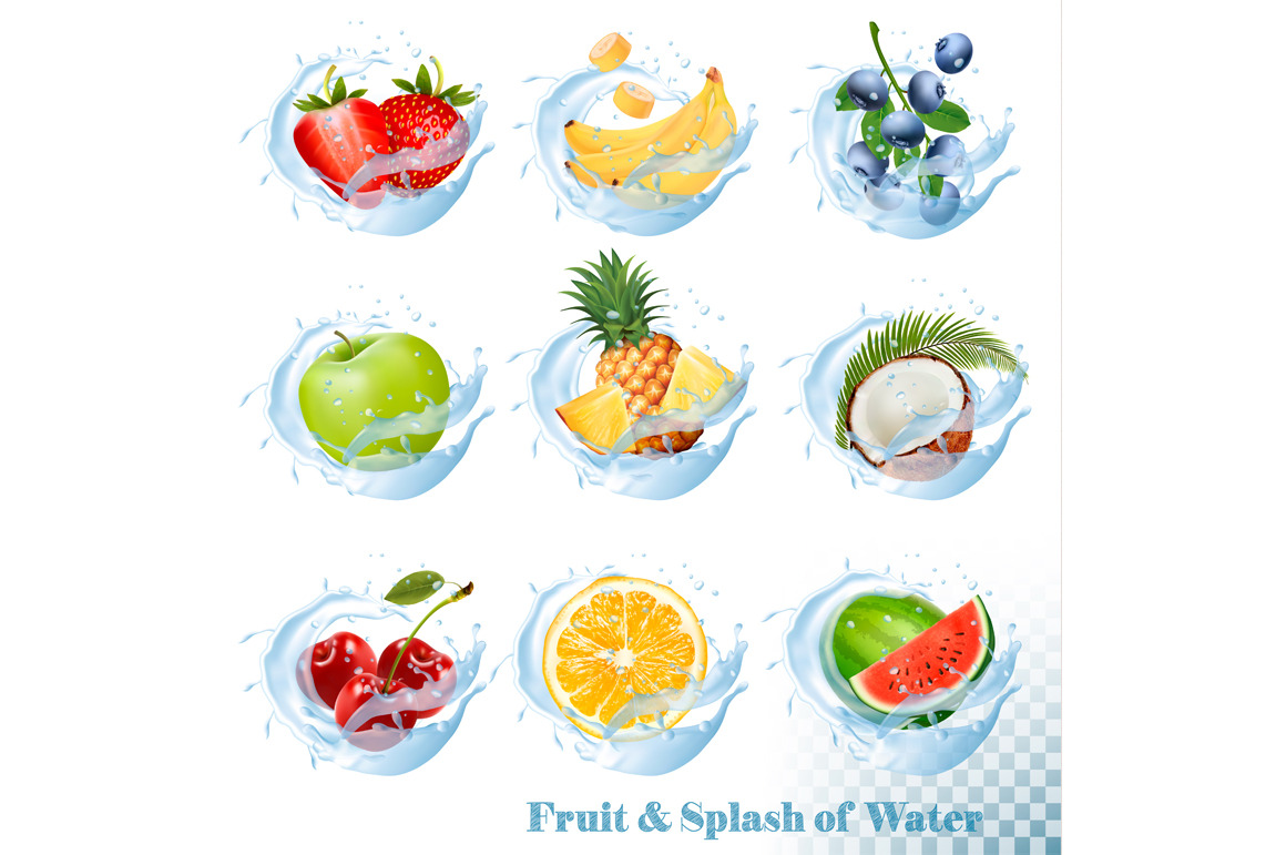 Fruit in a water splash icons, a Food Illustration by ecco