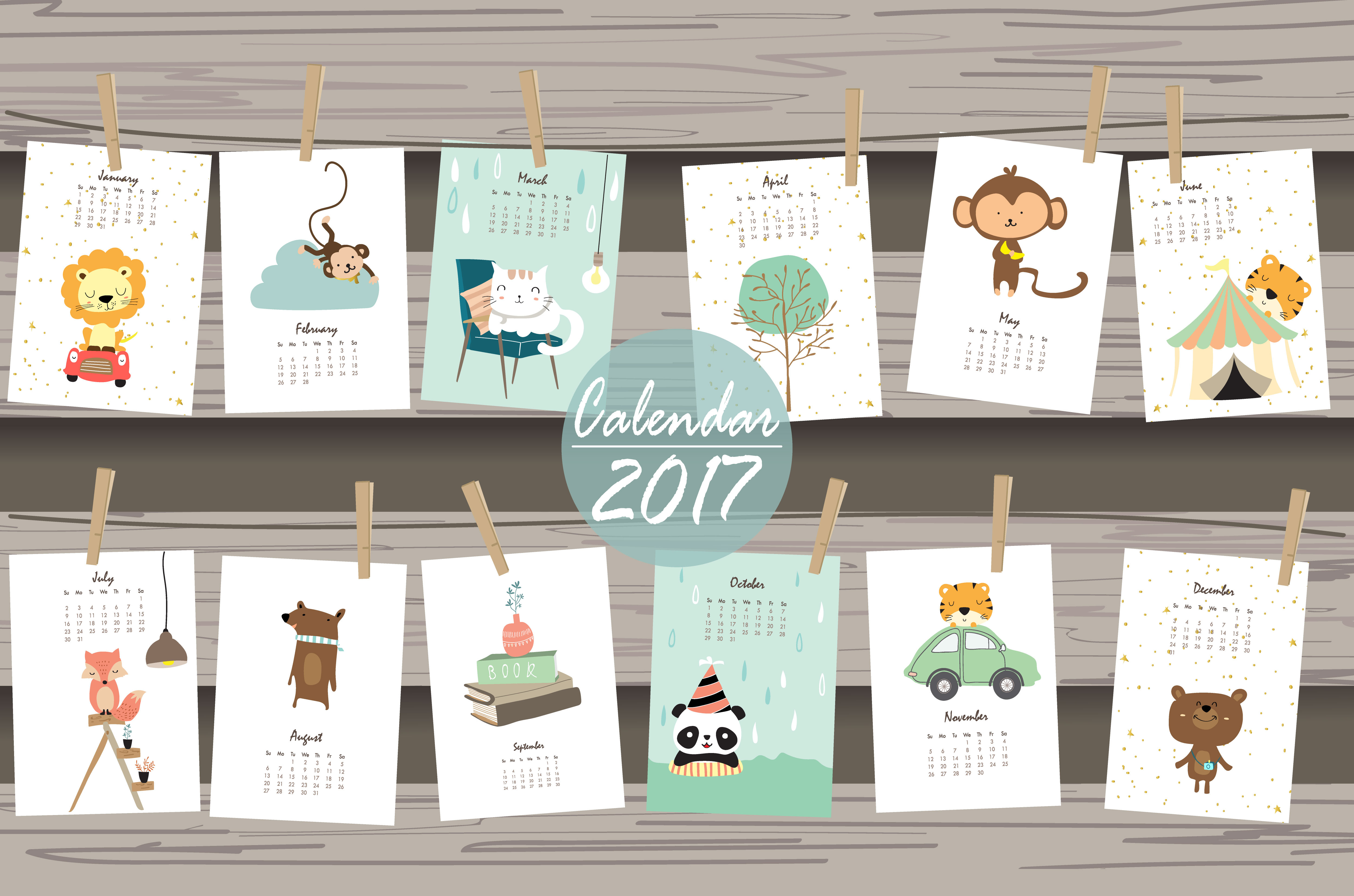 Calendar 2017 with cute animal 2#, a Card Template by Piixypeach