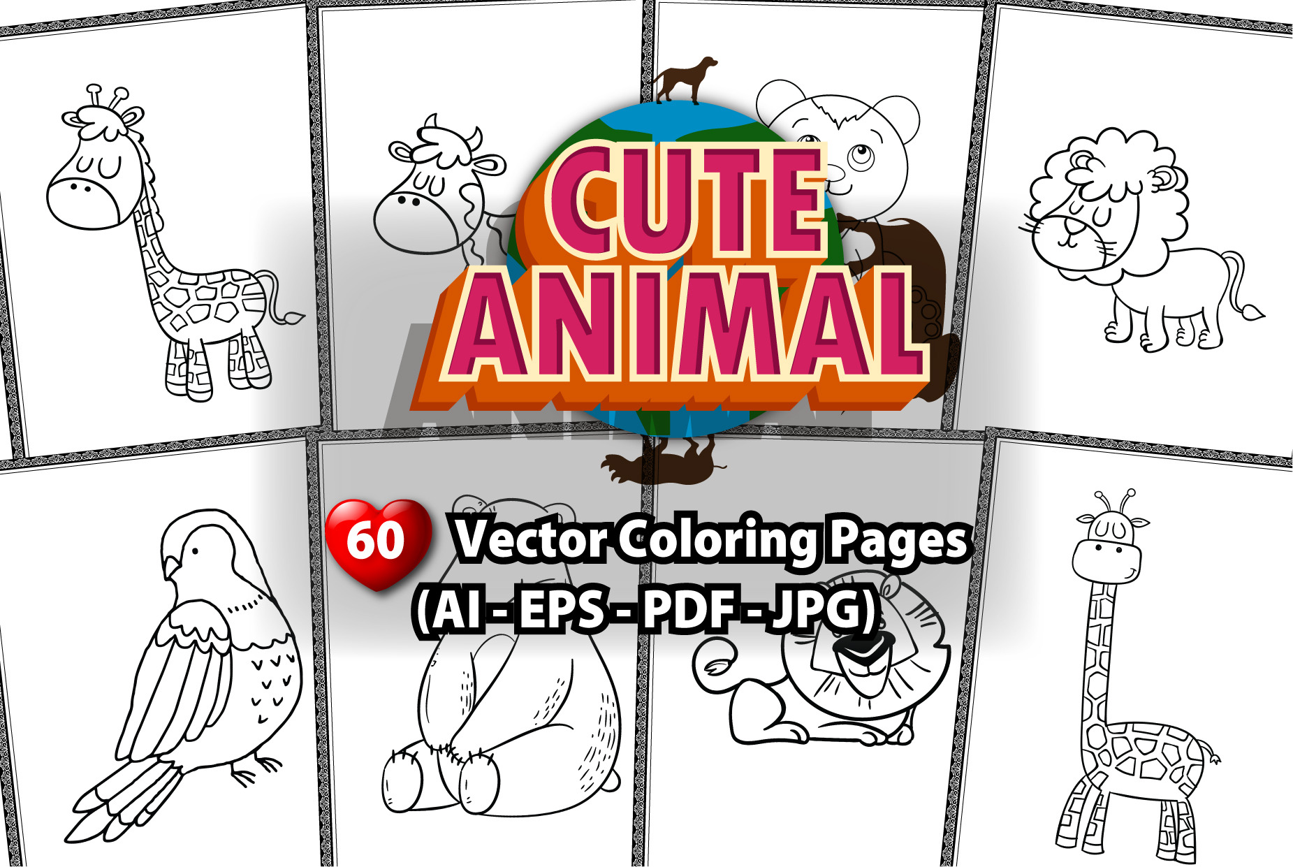 60 Cute Animal Vector Coloring Pages, an Animal Illustration by Blue ...