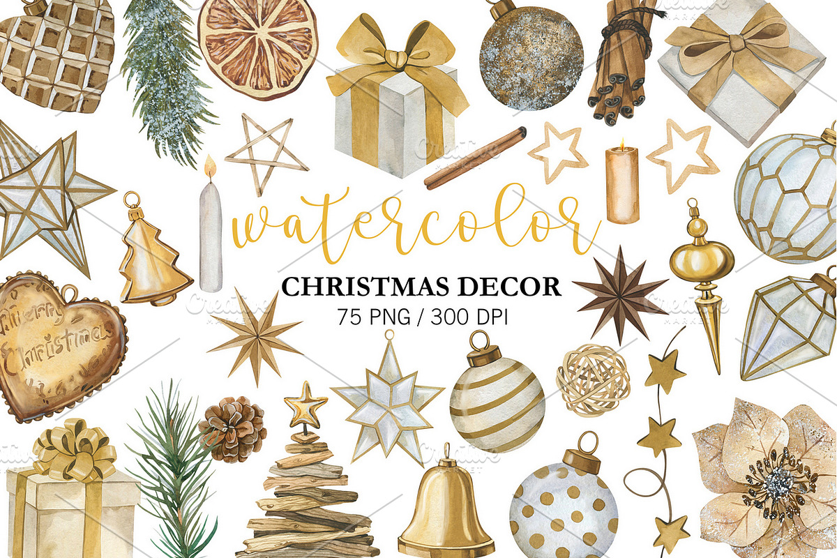 Watercolor Gold Christmas Clipart, PNG