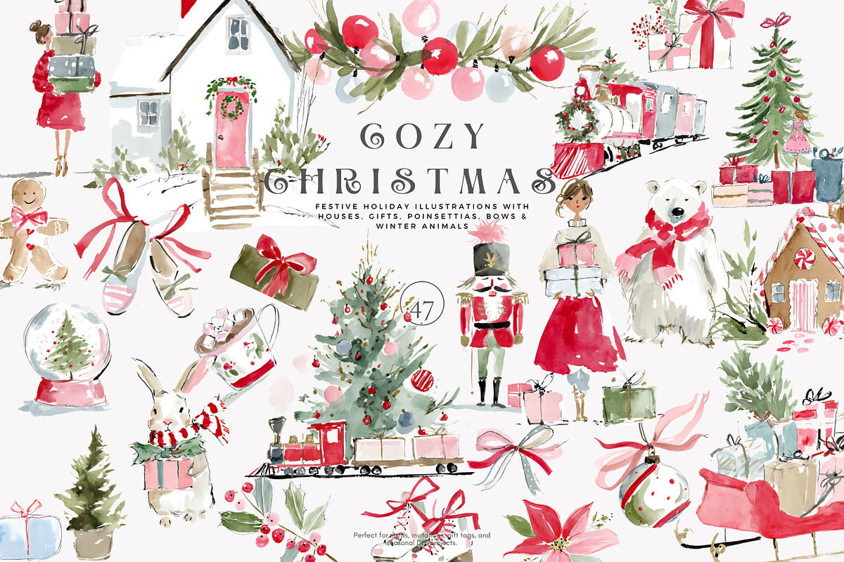 cozy christmas watercolor clipart, a Decorative Illustration by ...