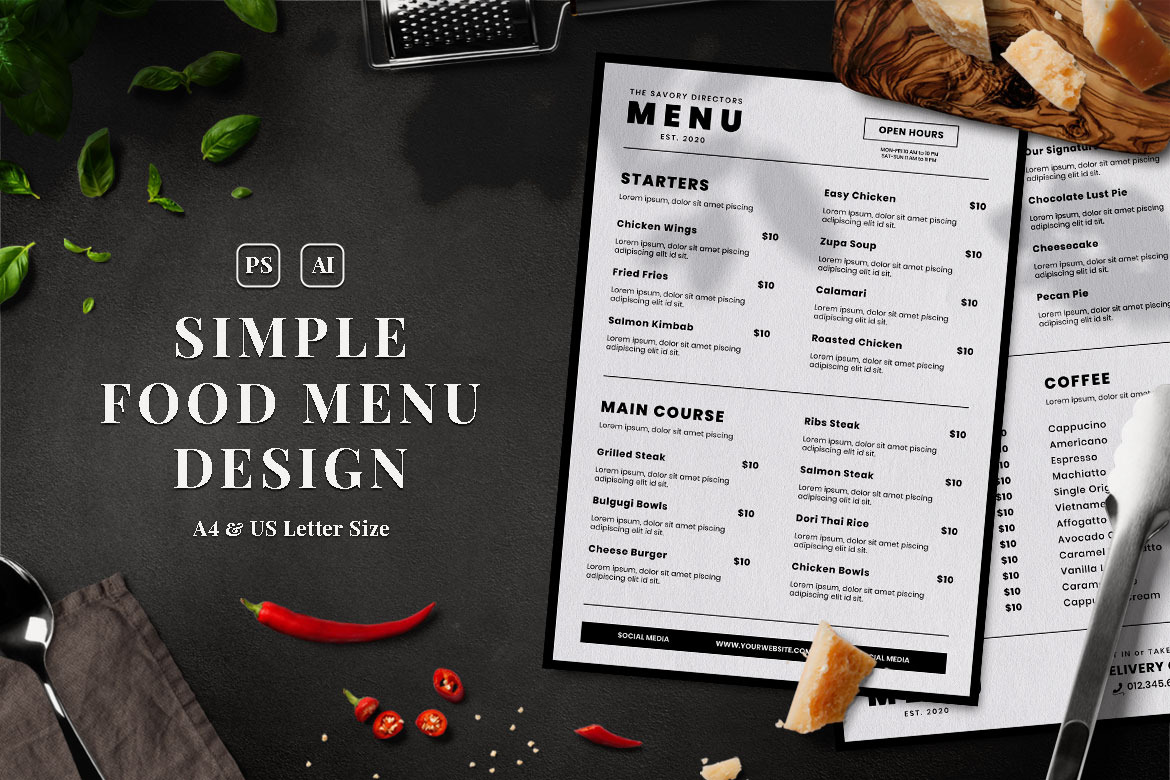 Simple Food Menu, a Print Template by The Savory Directors