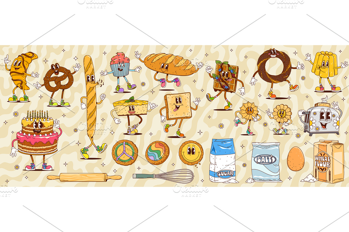 Cartoon groovy bakery, bread, a Food Illustration by Vector Tradition