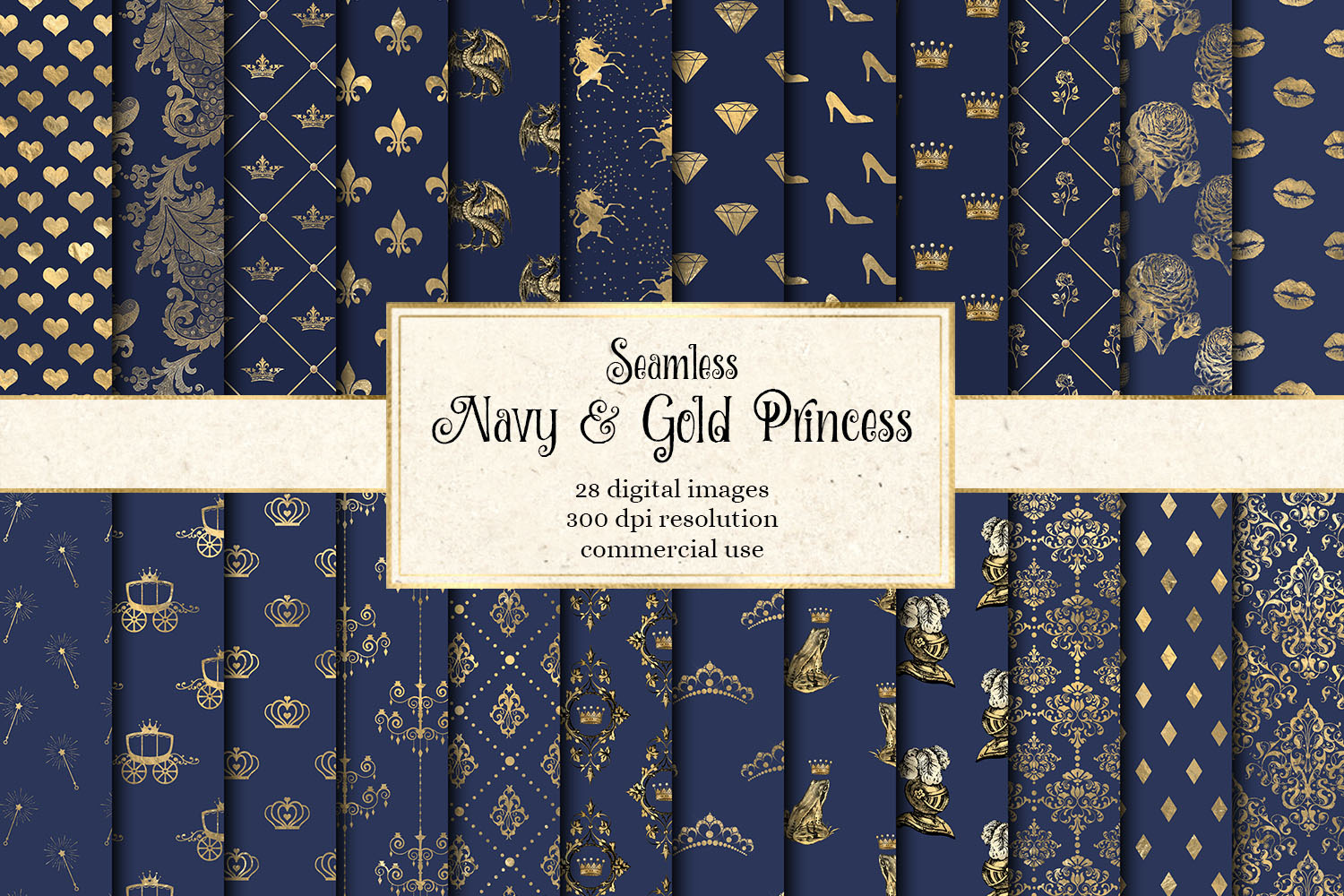 Navy and Gold Princess Digital Paper, a Pattern Graphic by Digital ...