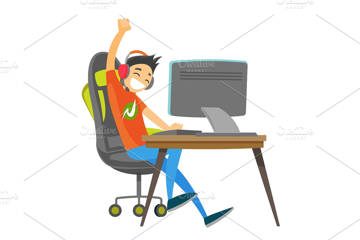 Young caucasian white gamer playing video game., a Person Illustration ...